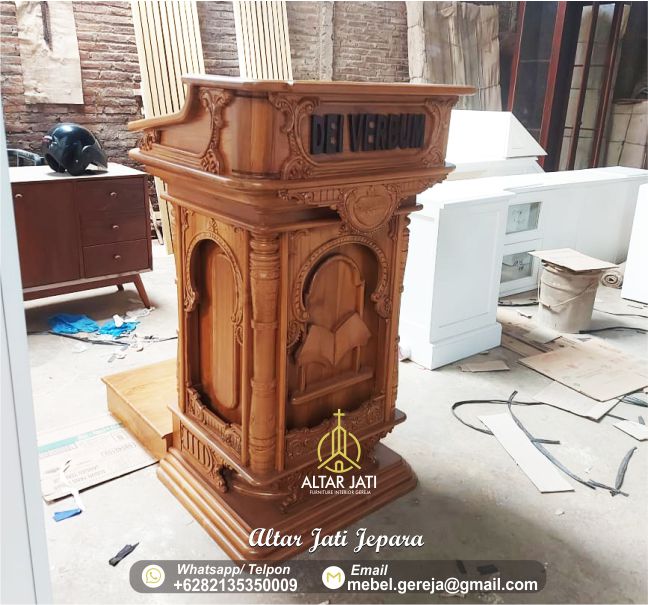 Jual Mimbar Gereja Katolik, Mimbar Katolik Dei Verbum Kayu Jati
